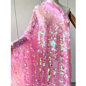 Singring Round Sequin Fabric, Mermaid Tablecloth Background Fabric Fish Scale Sequins Fabric Photo Props Wedding Decor Mesh Sequins Fabric for DIY Dress Clothes (Pink,2 Yards)