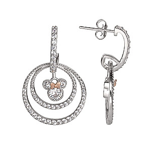 Disney Minnie Mouse Jewelry, Double Hoop Cubic Zirconia Dangle Earrings, Two Tone, Sterling Silver