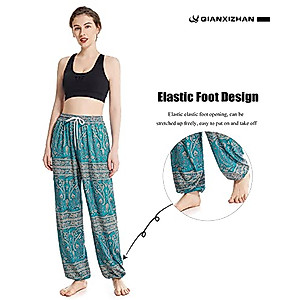 QIANXIZHAN Women's Harem Pants, Hippie Palazzo Pants Boho Joggers Yoga Clothes with Pockets Cyan Flower L