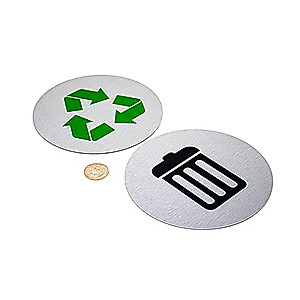 5.5" Round, Metal Trash & Recycling Signs | Set of 2 Garbage & Recycling Bin Markers | Brushed Silver Aluminum Signs with 1 Black Trash Sign & 1 Green Recycle Sign | Signs for Sustainability