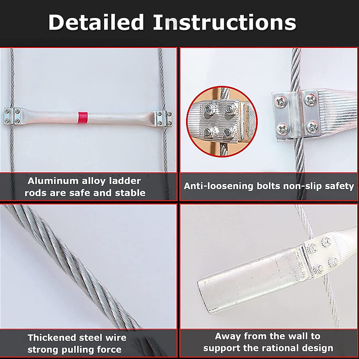 Emergency Fire Escape Rope Ladder 10-98ft with Safety Cord, Rescue Ladder, Antislip Climbing Escape Ladder for Quick Use in The Fire,98FT/30M
