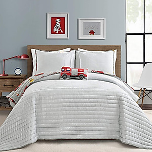 Lush Decor Fire Truck Quilt 4 Piece Set, Full/ Queen, Red & Gray - Reversible Stripe Print Bedding Set for Kids Room