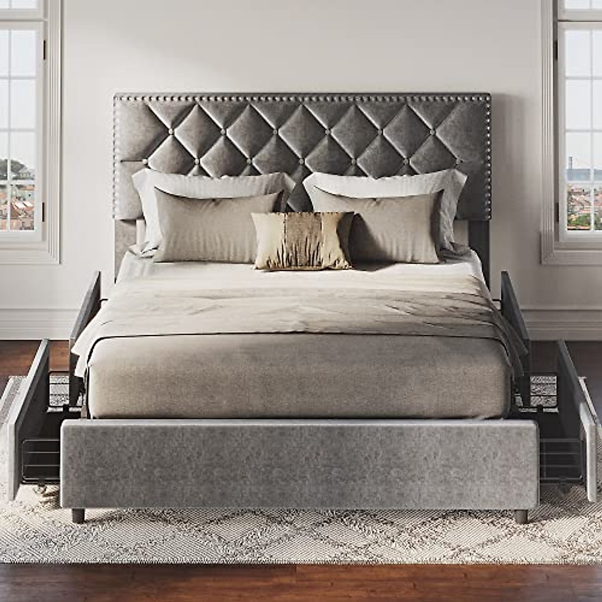 LIKIMIO Queen Bed Frame with 4 Storage Drawers, Velvet Upholstered Headboard with Button Tufted & Rivets, Easy Assembly, No Box Spring Needed (Grey, Queen)
