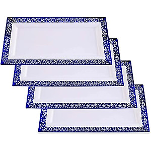 Yumchikel -Plastic Serving Tray & Platter Set (4pk)- Blue & White Lace Rim Disposable Serving Trays & Platters for Food - Weddings, Thanksgiving Parties, Dessert Table, Cupcake Display- 7.5x14 inches