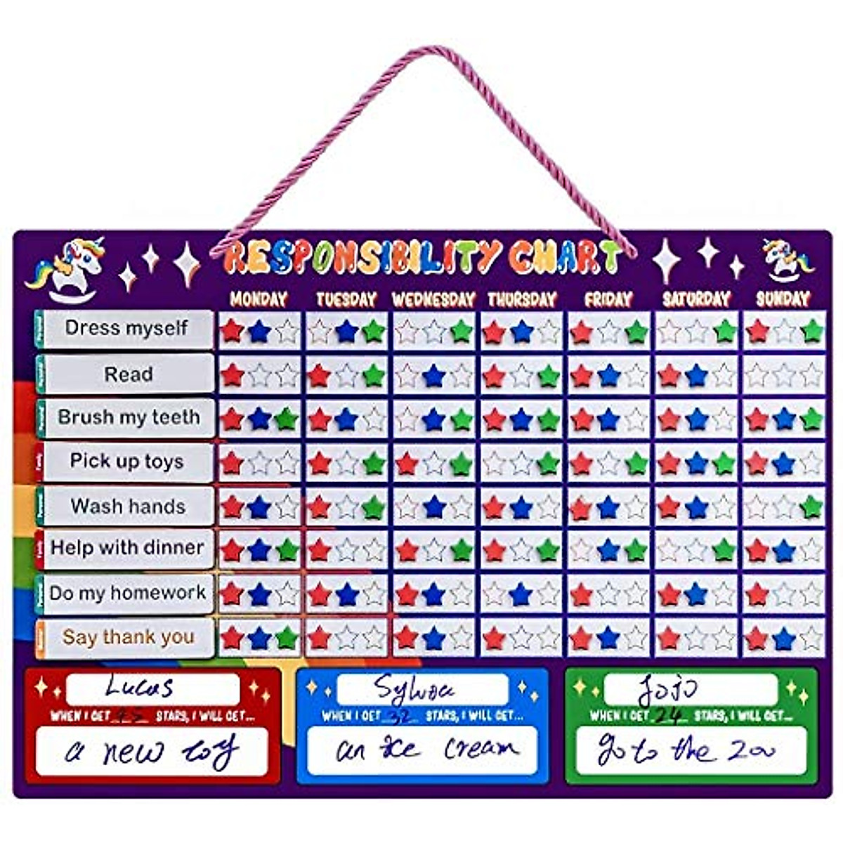 Magnetic Chore Chart, Responsibility Reward Chart for Multiple Kids Toddlers Unicorn Good Behavior Reward Chart for Fridge at Home Gift for Children - Dry Erasable, Purple