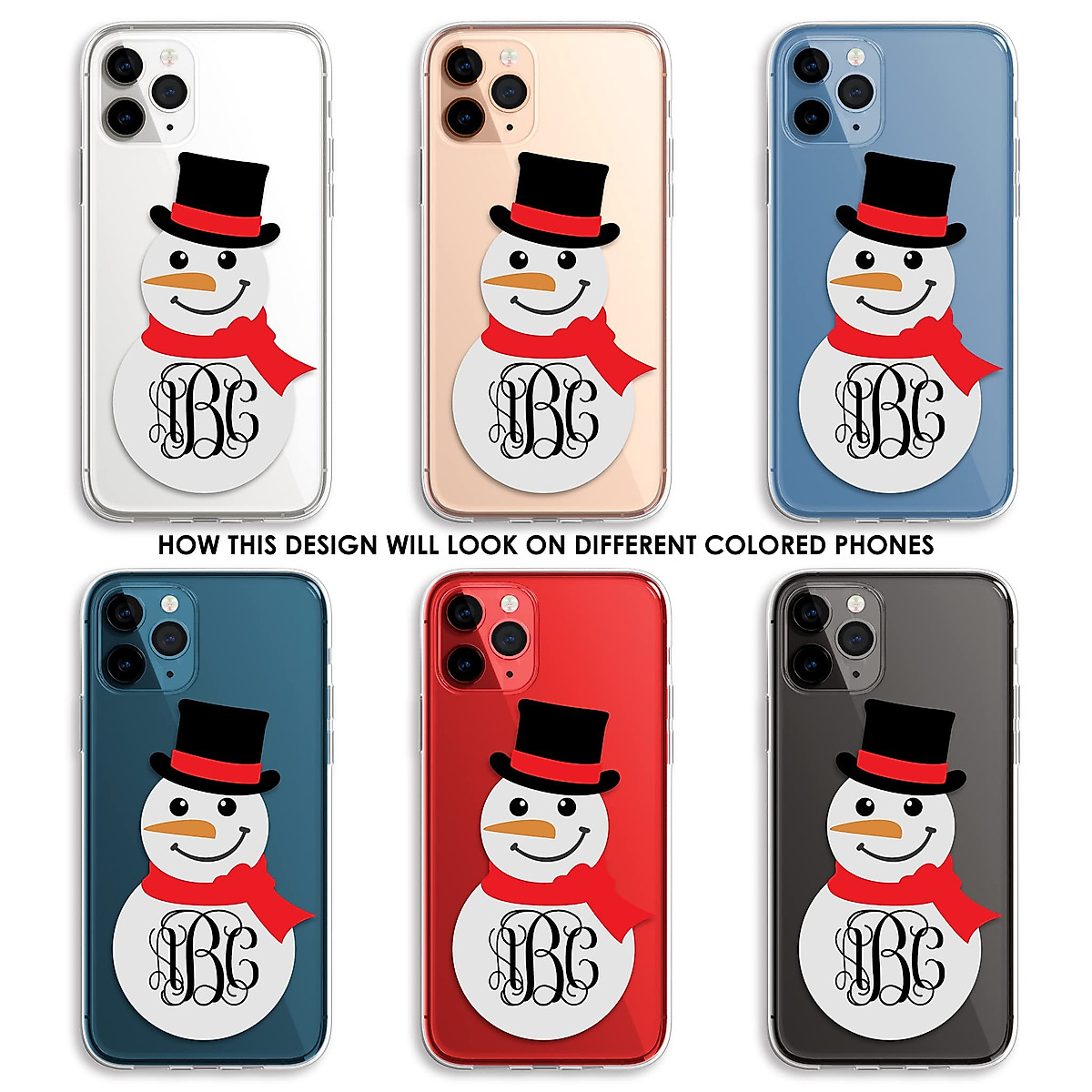 Case Charming Christmas Case for iPhone 15 14 Pro Max 13 mini 12 11 XS XR X 10S 10R 10 8 Plus 7 SE Personalized Custom Monogram Clear Initials Transparent See Through Rubber with Design Snowman