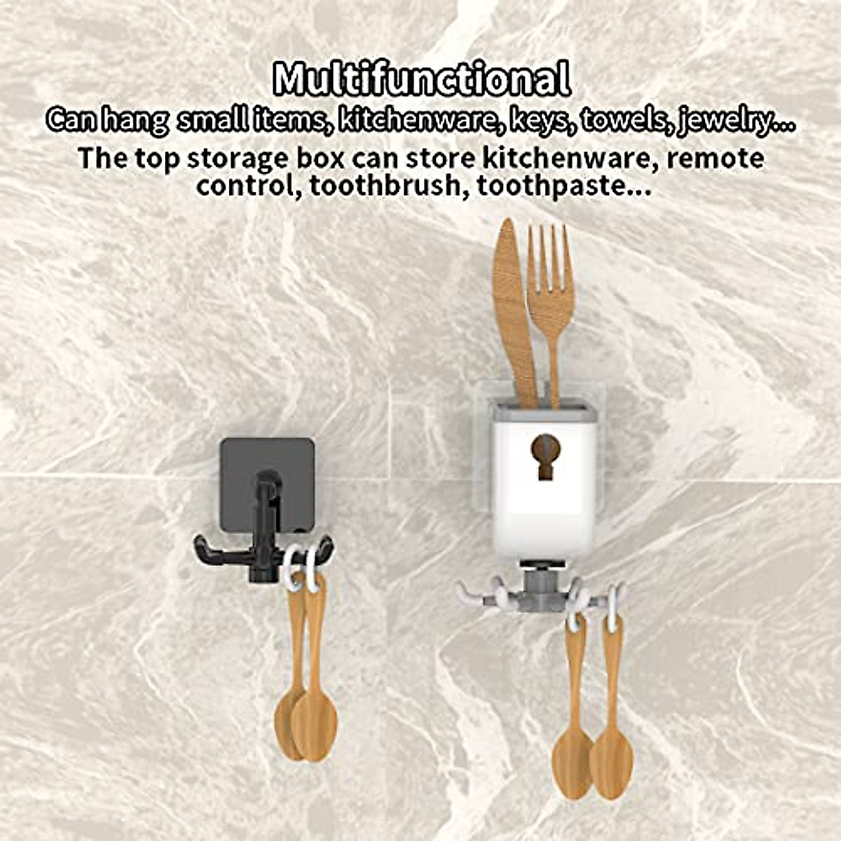 YODAR Kitchen Hanging Utensil Holder Hanger & 360 Degrees Rotating Folding Hooks for Hanging, Wall Mounted Self Adhesive Waterproof Utility Hook for Home Bathroom Office, 2 PCS Black & 2 PCS Grey