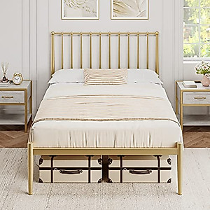 Amyove Gold Bed Frame Full Size Bed Frame with Modern Headboard, Platform Bed 14 Inches Metal Mattress Foundation for Storage, No Box Spring Needed, Easy Assembly, Gold