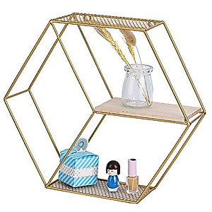 ZPSHYD Wall Mounted Floating Hexagon Shelves, Hexagon Floating Shelves Wall Decor Hexagon Geometric Wall Shelf for Home Office Wall Decor(Gold)
