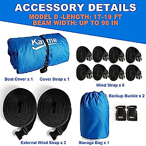 Kayme 600D Heavy Duty Boat Cover, Waterproof and Tear Resistant Boat Canvas, Tarps with Windproof Straps. Fit for V-Hull, Tri-Hull, Bass Boat, Fish & Ski Boat, Length 17'-19', Width up to 96".