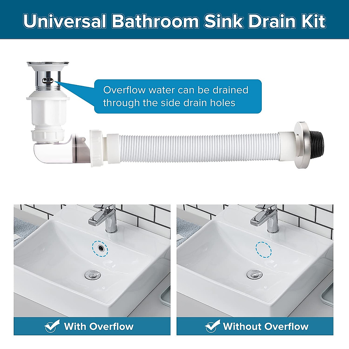 JEAPHA 2 in 1 Bathroom Sink Drain Kit with Flexible & Expandable P-trap pipe for bathroom sinks, Pop Up Drain for 1-1/2'' Drain Hole Extension Hose Tail Pipe, Fits Overflow or No Overflow Vessel Sink
