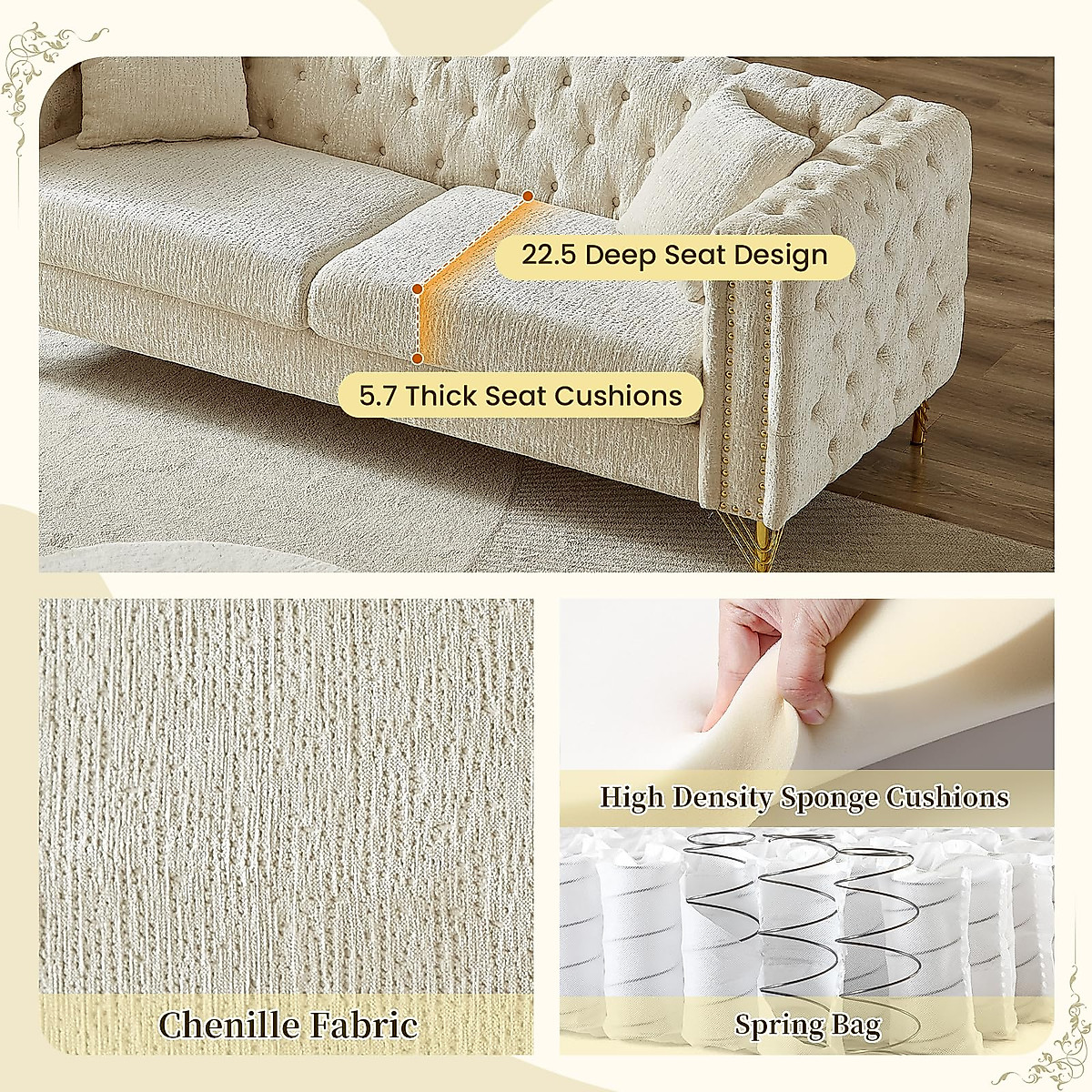 80"W Chenille Sofa Couch,Upholstered 3 Seater Loveseat Sofa,Button Tufted Comfy Couch with Nailhead Trim&Metal Legs,Mid Century Modern Sofa,Deep Seat Sofa for Living Room,Office,Apartment(Beige)