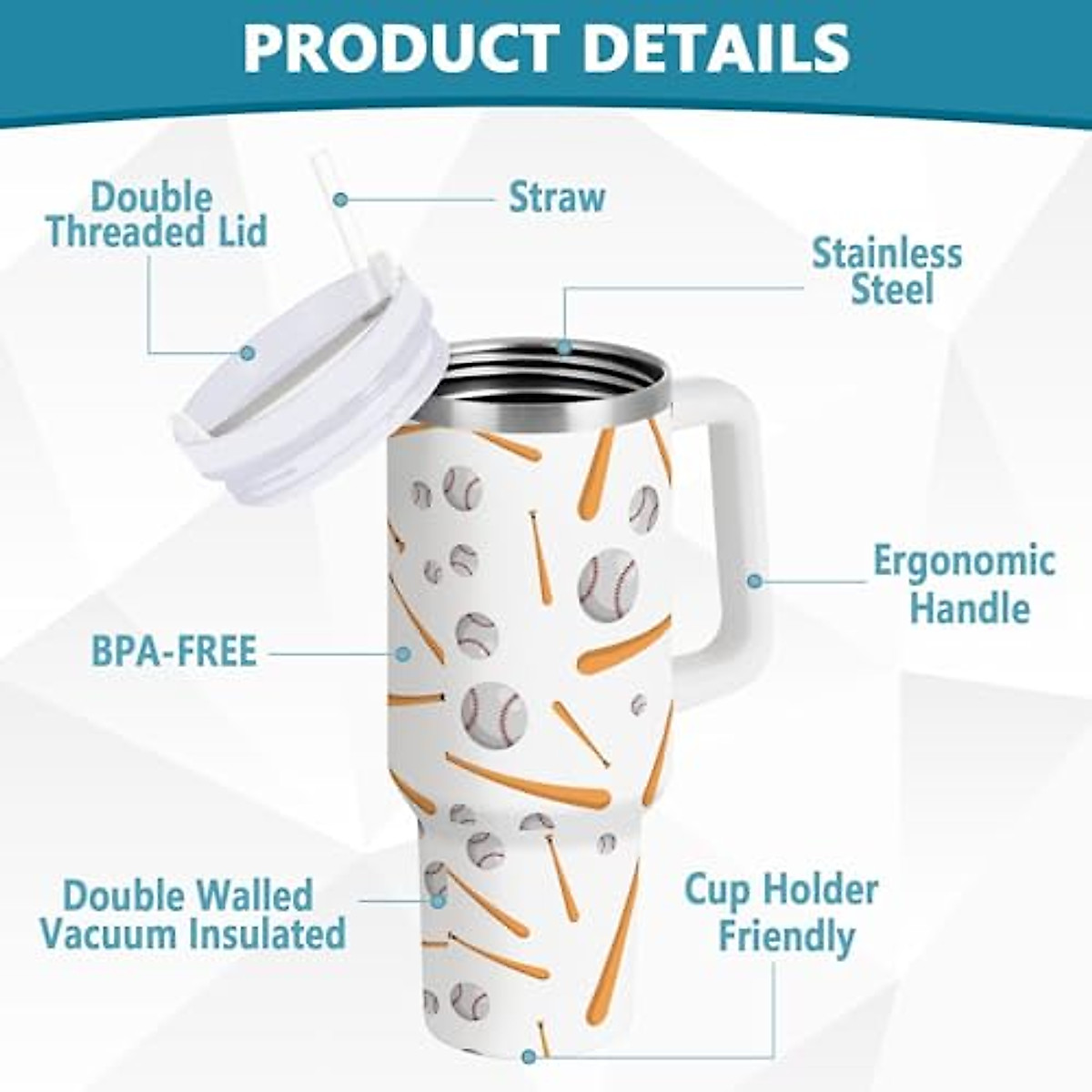 ARGTILDN 40 oz Tumbler Baseball Sport Play Insulated Travel Mug with Handle and Straw Lid Stainless Steel Vacuum Coffee Cup Tea Beverage Container Water Bottles for Car Sports office