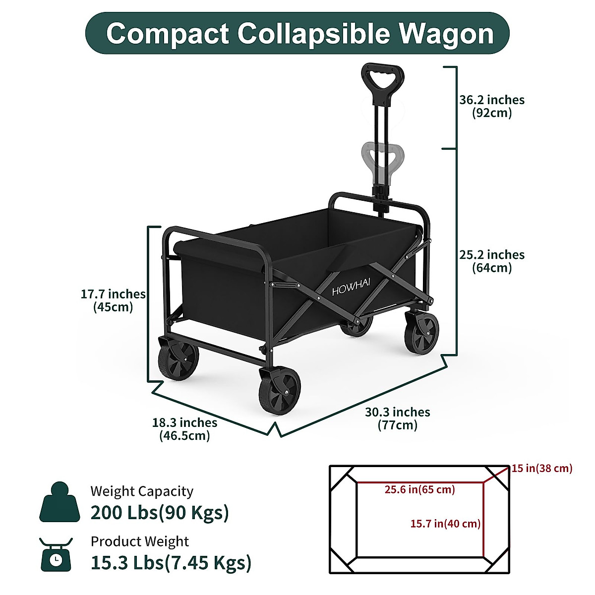 Wagons Carts Foldable, Collapsible Wagon, Wagon Cart with Wheels, Utility Wagon Cart with Wheels Foldable, Heavy Duty 100L Large with Drink Holders for Garden, Camping, Beach, Shopping(Black)