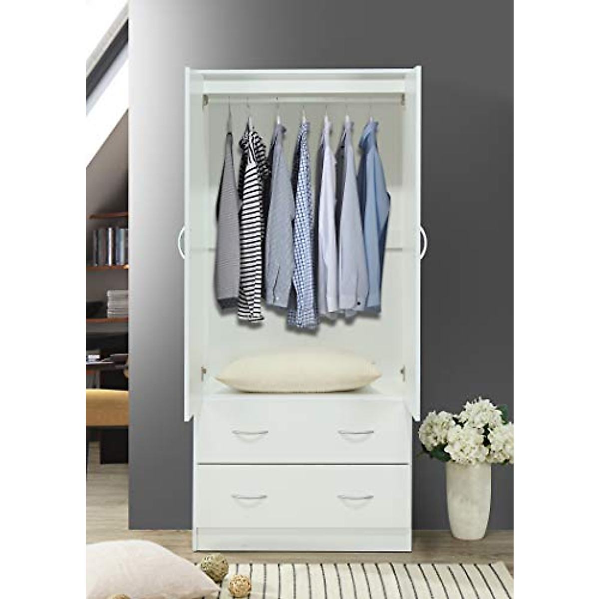 Hodedah Two Door Wardrobe with Two Drawers and Hanging Rod plus Mirror, White