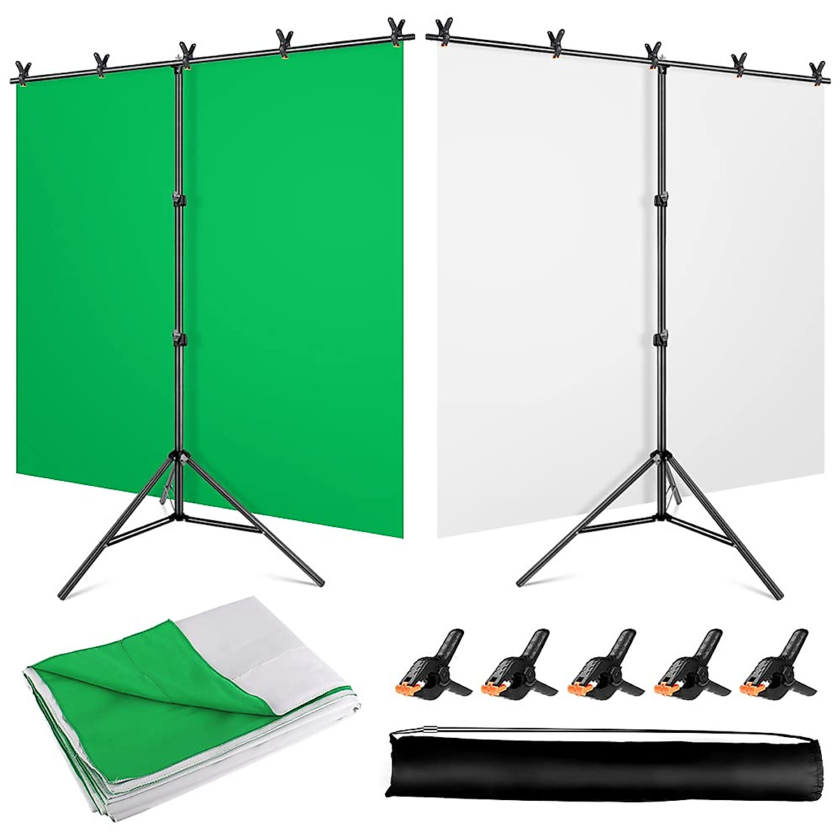 White Greenscreen Background T-Shape Portable Backdrop Stand, YAYOYA 6.5 X 5 Small White Background Green Screen Backdrop Stand Kit, Photo Backdrop Stand with Bag & Clamps for Photography Streaming