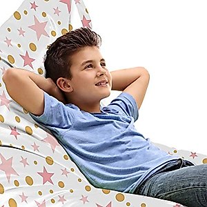 Lunarable Pink Polka Dots Lounger Chair Bag, Repetitive Pastel Pattern Irregular Rounds and Stars Illustration, High Capacity Storage with Handle Container, Lounger Size, Sand Brown Pale Pink