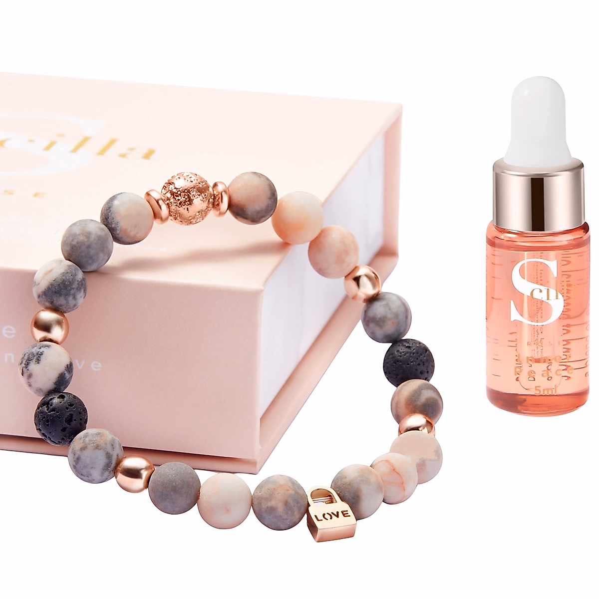 Aromatherapy Bracelet and Lavender Essential Oil Gift Set, Chakra Crystal Beaded Bracelets for Women, Pink Zebra Jasper Love Lock and Lava Diffuser, Self Care Mindfulness Birthday Gifts