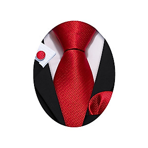 Barry.Wang Formal Red Solid Color Man Tie Set Necktie Handkerchief Cuff Links Wedding Ceremony
