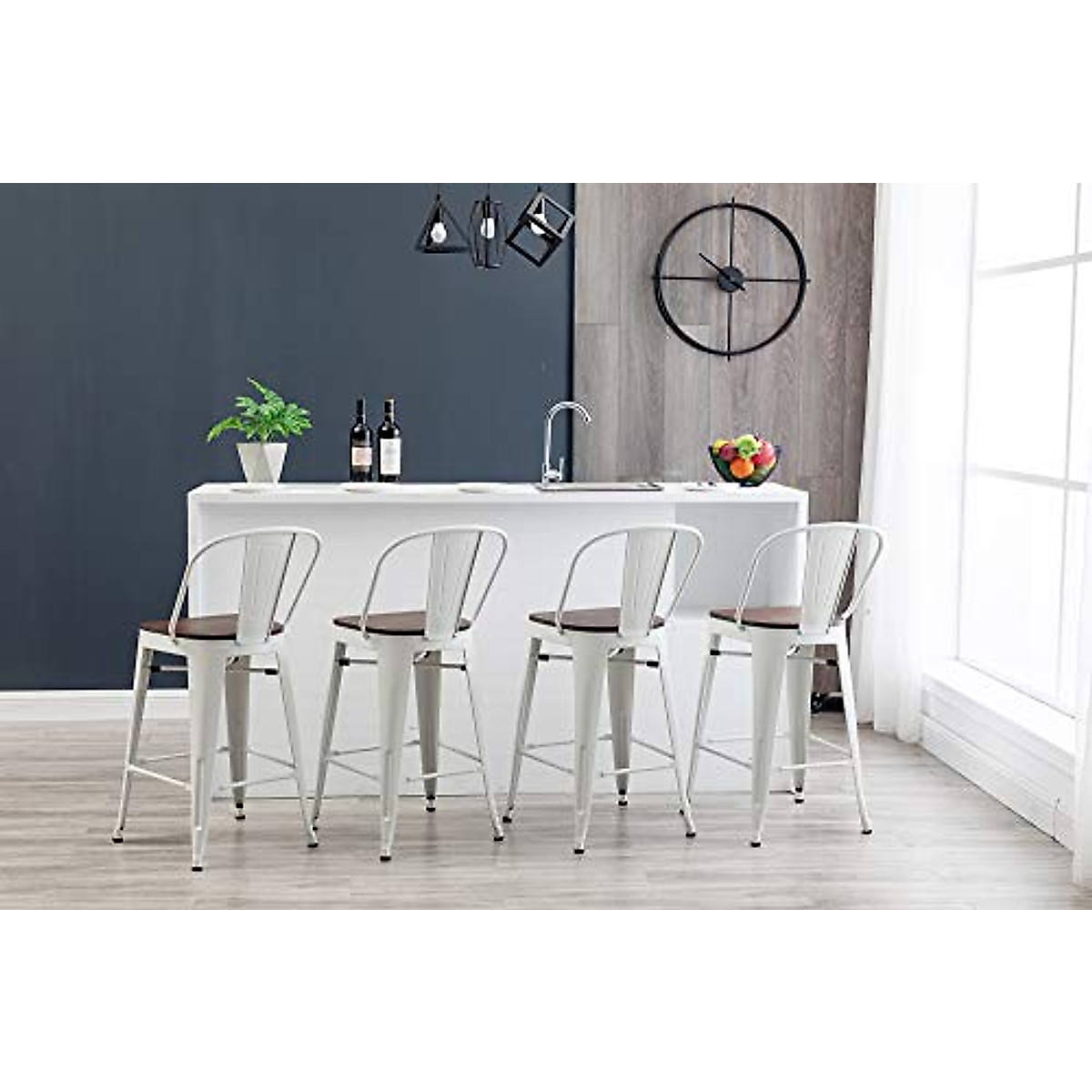 HAOBO Home Metal Bar Stools Modern Industrial Counter Height Stools Dining Chairs (24", High Back White Wooden Seat)[Set of 4]