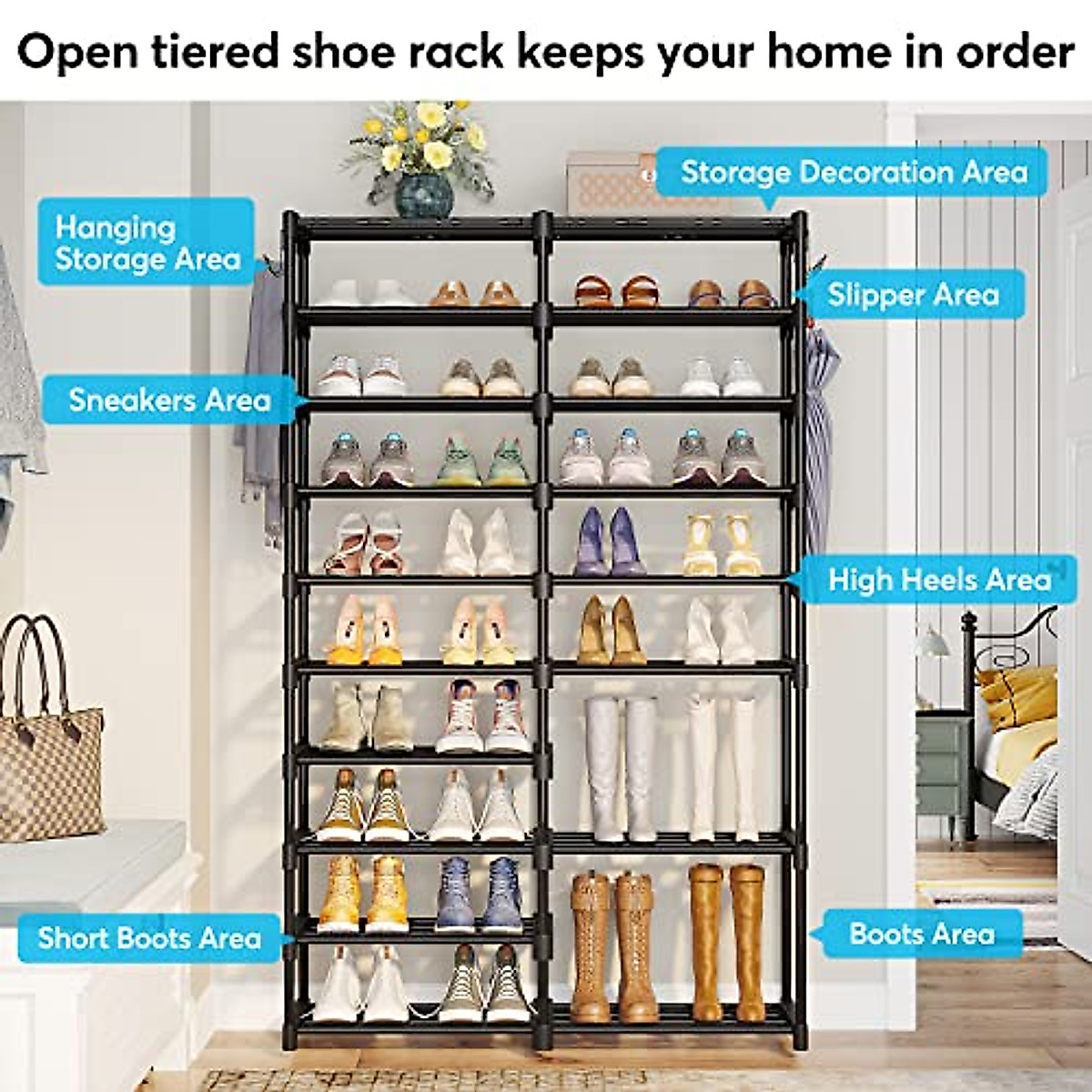 Tribesigns Shoe Rack Organizer, 36-44 Pairs Storage Shelf, 10 Tiers Stand, for Closet, Boot Organizer with 2 Hooks, Stackable Tower