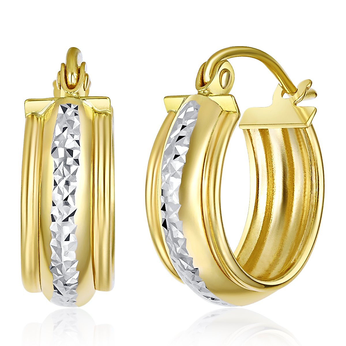 14k REAL Two Tone Gold 6mm Thickness Huggie Hoop Earrings (15mm Diameter)