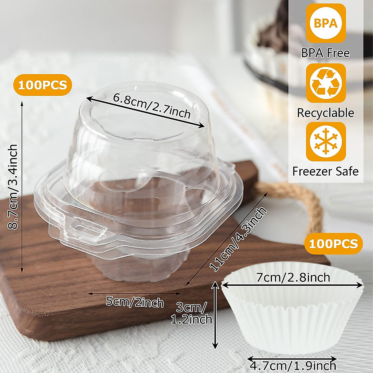 FVIEXE 100 Pack Individual Cupcake Containers, Single Plastic Cupcake Storage Boxes, Disposable Clear Cupcake Holder with Lid To Go Muffin Transport Carrier with 100 Pack Cupcake Liners for Party