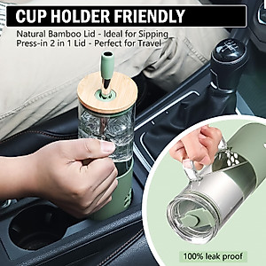 MUKOKO Glass Cups With Lids and Straws, 20oz Glass Tumbler with Straw and Handle, Iced Coffee Cups with lids - Bamboo Lid & On the Go Lid, Smoothie Cup Leak Proof Tumbler with Silicone Sleeve - Olive