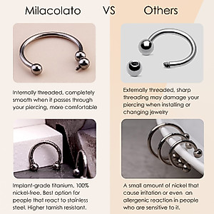 MILACOLATO 16g Septum Rings for Women Men | Implant Grade G23 Titanium Septum Ring | Internally Threaded Horseshoe Barbell Piercing Jewelry for Nose Lip Tragus Eyebrow Helix Daith | 2pcs 8mm