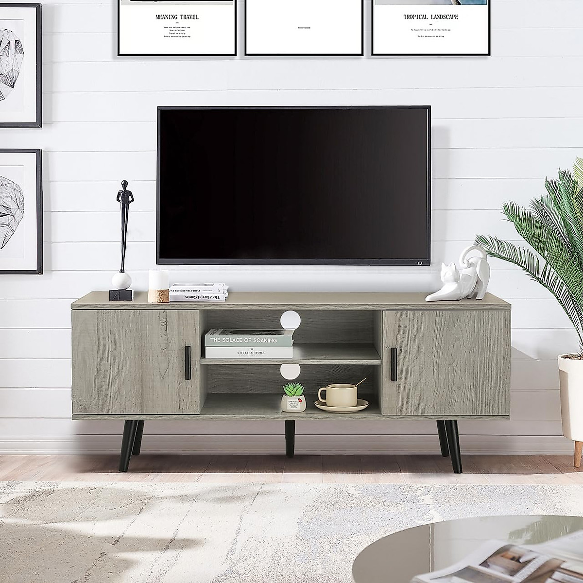 Iwell TV Stand for 55 inch TV, Entertainment Center with Storage and Open Shelf, TV Console, TV Stands for Living Room, Bedroom, Grey