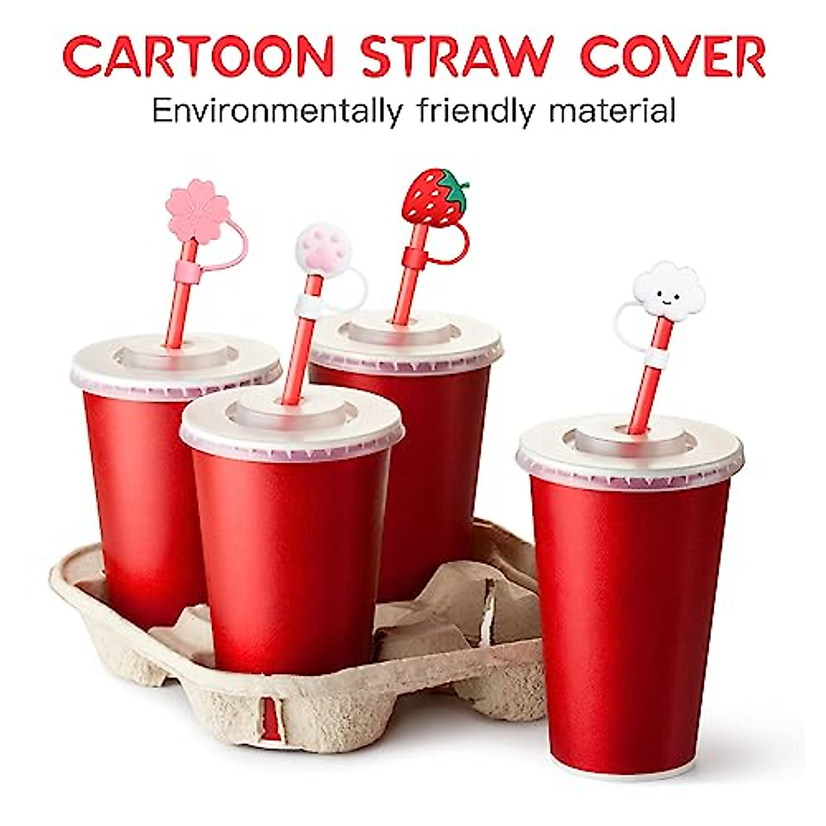 Gatuida Straw Cover, 4Pcs Straw Tip Cap Reusable Drinking Straw Toppers, Silicone Straw Plugs Reusable for 6-8 mm Straws Anti-dust Straw Tips Plugs