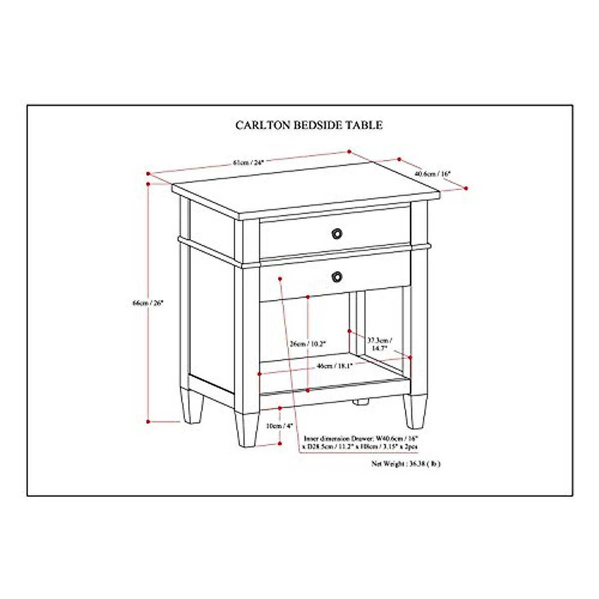 SIMPLIHOME Carlton 24 inches Wide Night Stand, Bedside table, Distressed Grey SOLID WOOD, Rectangle, with Storage, 2 Drawers and 1 Shelf, For the Bedroom, Contemporary Modern