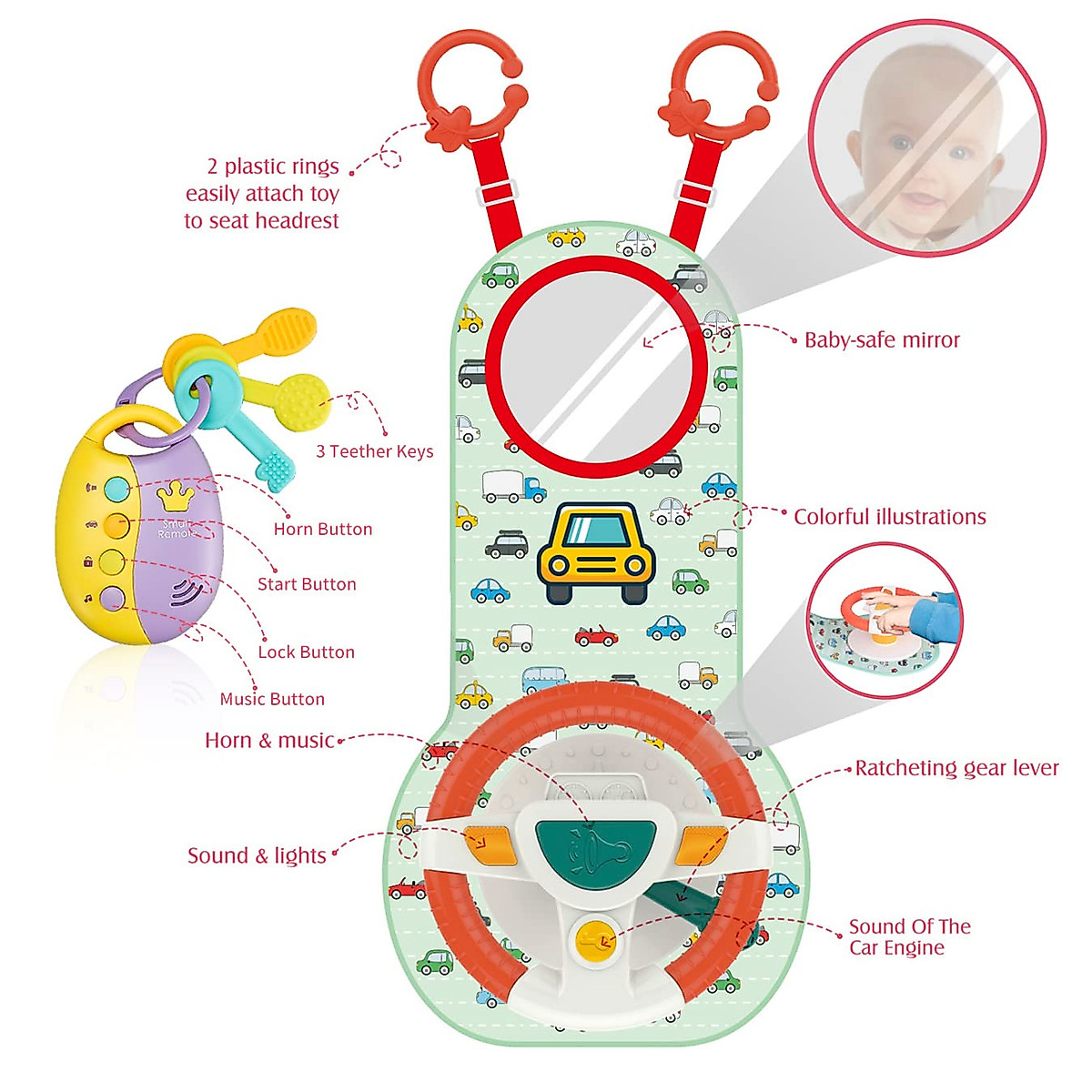 Chibon Baby Car Seat Toys for Infants with Mirror & Toy Keys for Toddlers and Babies, Carseat Toys Steering Wheel with Music Lights and Driving Sounds, Toddler Keys for Car Remote with Car Sounds