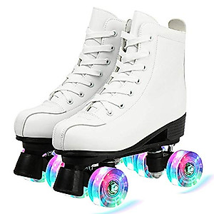 PHSDA Women's Roller Skates PU Leather High-top Roller Skates Four-Wheel Roller Skates Shiny Roller Skates for Unisex Kids and Adults (White Flash,270/us 8)