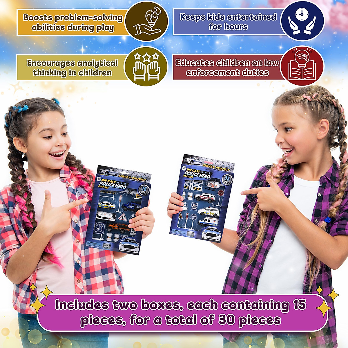 Playset, Forest & Twelfth Kids Set of 2 15pcs Die Cast Mini Police Car Toy Set for Kids & Toddlers, Promotes Creative Pretend Play, Skill Development, Fun All-Occasion Gift Idea (Police Playset)