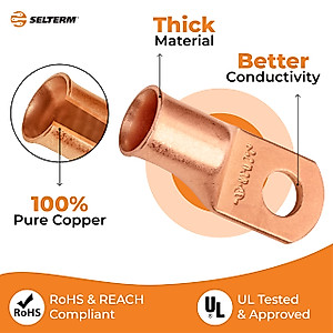 SELTERM 10pcs 2/0 AWG - 3/8" Stud - Battery Lugs, Heavy Duty Wire Lugs, Ring Terminals, Battery Cable Ends,00 Gauge Terminals, UL Bare Copper Eyelets Electrical Battery Terminal Connectors