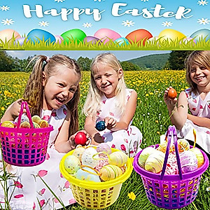Easter Baskets Bulk, 12+12PCS Plastic Easter Baskets Small and Colorful Easter Grass Stuffers, Easter Bucket with Handles for Kids Boys Girls, Fillers Easter Round Baskets for Party Easter Hunt