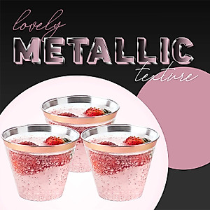 PLASTICPRO 9 oz Disposable Plastic Party Cups,Old fashioned Designed Tumblers, Crystal Clear (Clear With Rose Gold Rim, 100)