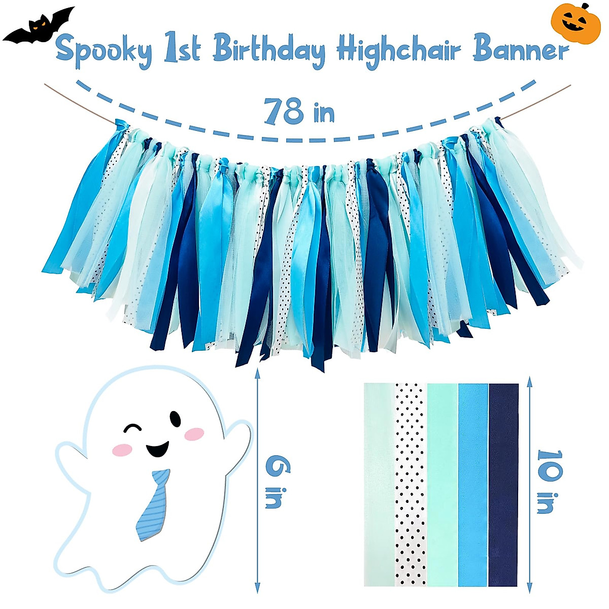 Fiesec Spooky One Birthday Highchair Banner Boy, Blue Halloween 1st Birthday Decorations Boy, Ghost First Party Decor, Little Boo Is One High Chair Ribbon Banner Smash Cake Photo Prop
