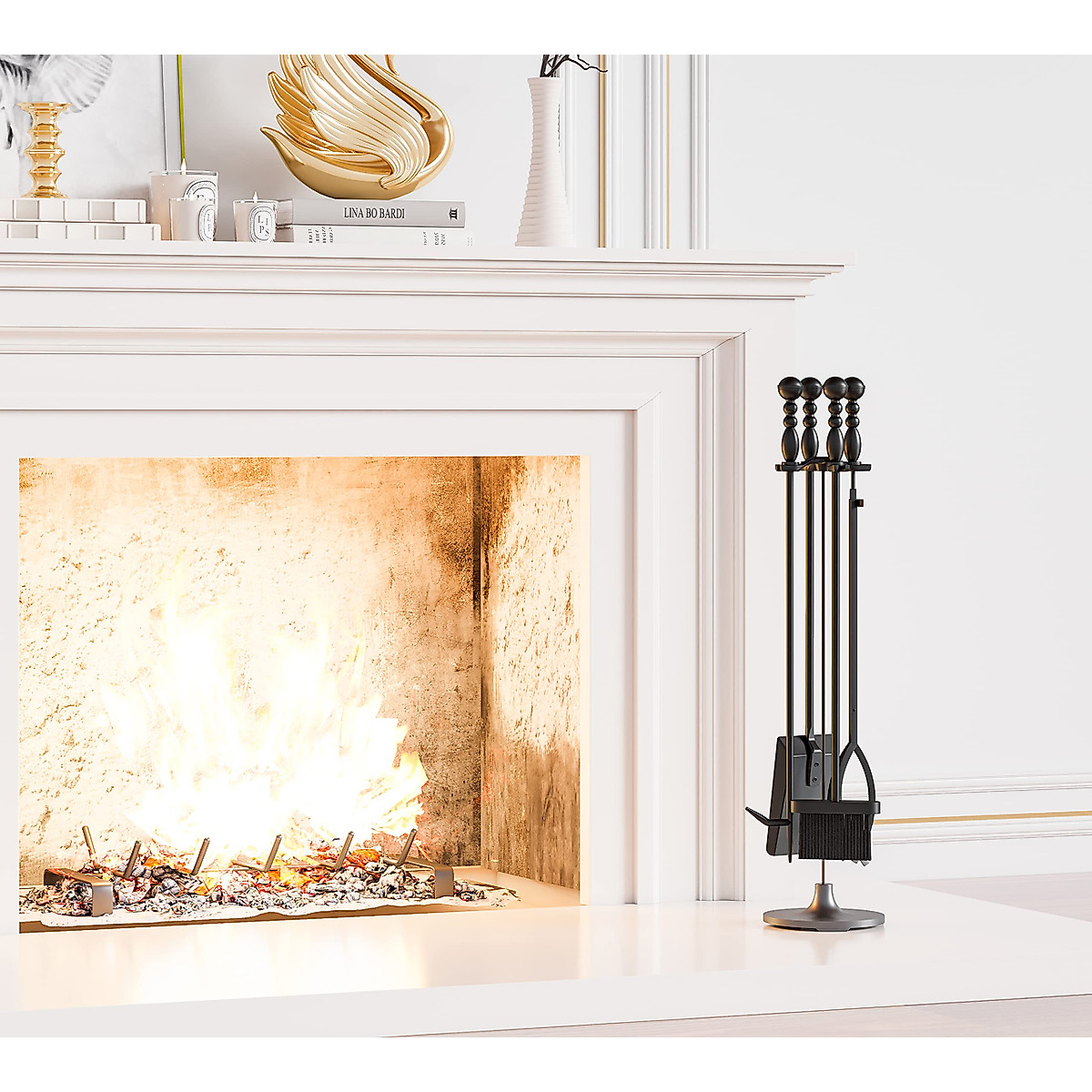 Kingson Fireplace Tools Set 30.7" 5 Pcs Heavy Duty Wrought Iron Fire Place Accessories Set Fireplace Tools Outdoor Fire Pit Tools Indoor Fireset Poker Tongs Brush Shovel-Black