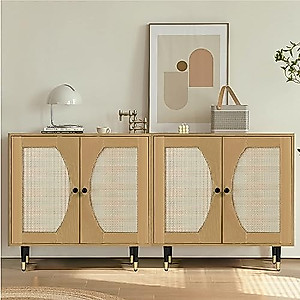 4ever2buy Rattan Buffet Cabinet Sideboard with Storage, Kitchen Accent Cabinet with Woven Natural Rattan Doors, Entryway Cabinet with Adjustable Shelves，Console Tables for Living Bedroom Dining Room