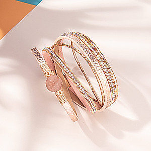 FANCY SHINY Boho Wrap Bracelets Leather Cuff Bracelet Bohemian Jewelry Resin Stone Multi Strand Bracelet with Clasp for Women(Rose Gold)