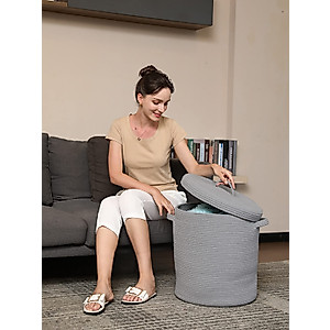 16" x 16" x 18" Extra Large Storage Basket with Lid, Cotton Rope Storage Baskets, Laundry Hamper, Cloth Bin, for Clothes Towels Blankets Pillows Storage in Living Room, Large Basket Grey with Cover