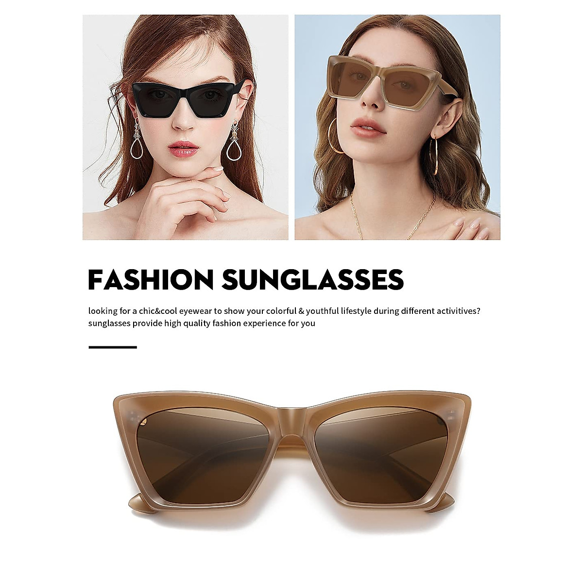 MASDUN Retro Square Cateye Sunglasses for Women Men Trendy Designer shades party dress up sunglasses (Black - Brown)