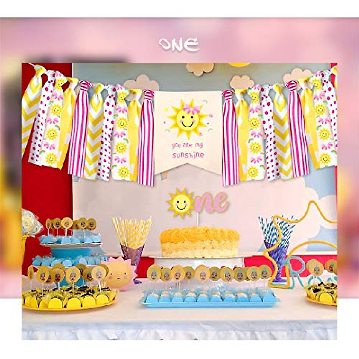 Sunshine Baby Shower Decorations Handmade You are My Sunshine Banner, Sunshine ONE Fabric Ribbon High Chair Banner- 1st Birthday Girls First Birthday Supplies (Sunshine Baby One Set)