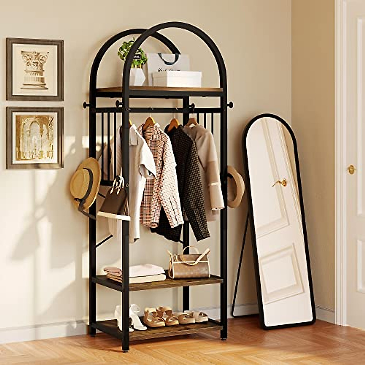 YITAHOME Industrial Hall Tree Garments Rack with Storage Shelves and Hanging Rod, Coat Rack Freestanding with 8 Hanging Hooks, Tall Clothes Rack Closet Organizer for Hallway, Bedroom, Rustic Brown
