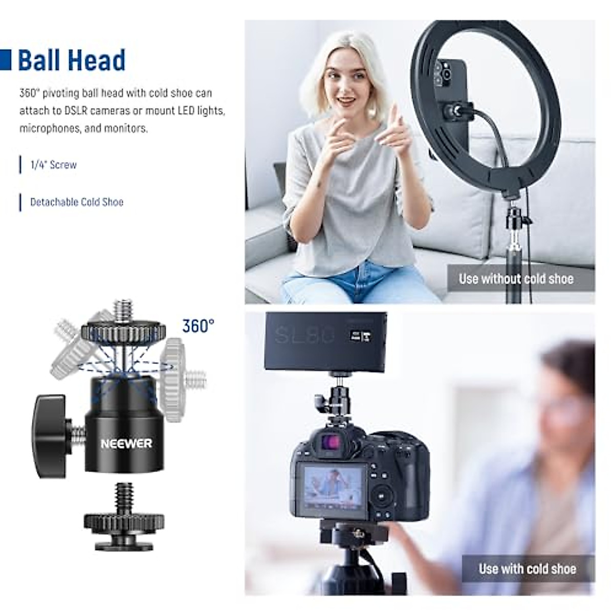 NEEWER Camera Desk Mount with C Clamp, 2 Pack 13.8"-23.6" Adjustable Desktop Light Stands with 1/4" Ball Heads Cold Shoe Adapters Long Handles for Webcam DSLR Camera Monitor Ring Light, Max Load 5kg