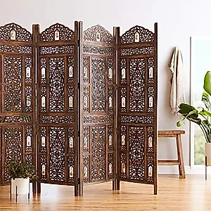 Cotton Craft Ghanti Bells - Antique Brown 4 Panel Handcrafted Wood Room Divider Screen 72x80 - With Tiny Bells - Intricately Carved On Both Sides