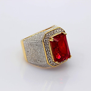 Uloveido Men's Emerald Cut Red Cubic Zirconia Ring with Wide Band Dainty Birth-stone Ring Birthday Father's Day Gifts Idea for Men Husband (Size 12) RA408