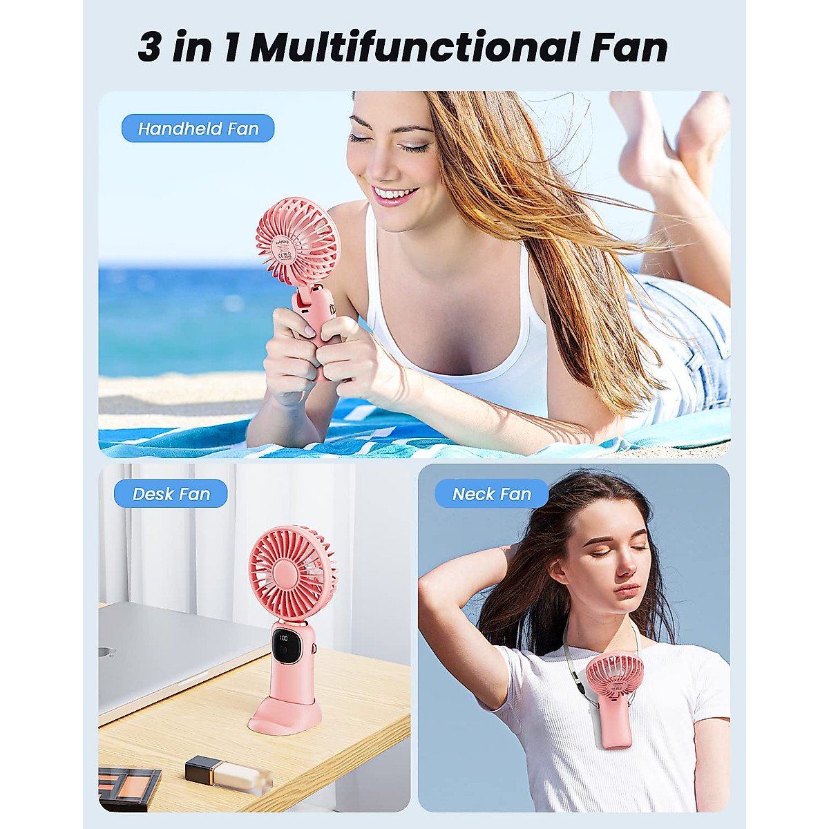 coldSky Portable Handheld Fan, 4000mAh Battery Operated Fan with LED Display, Handheld/Neck/Desk 3 in 1 Personal Small Fan, 90° Foldable Desk Fan with Base, 5 Speed Lash Fan Makeup Fan for Women